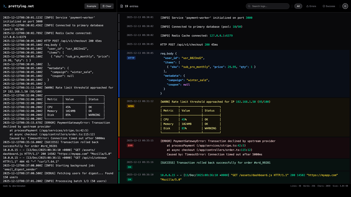 Beautiful Log Parser & Formatter - prettylog.net log viewer